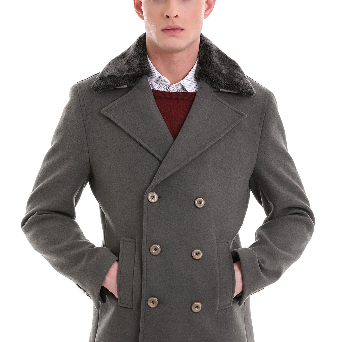 Slim Fit Cachet Faux Fur Collar Mold Green Wool Blend Coat – SAYKI