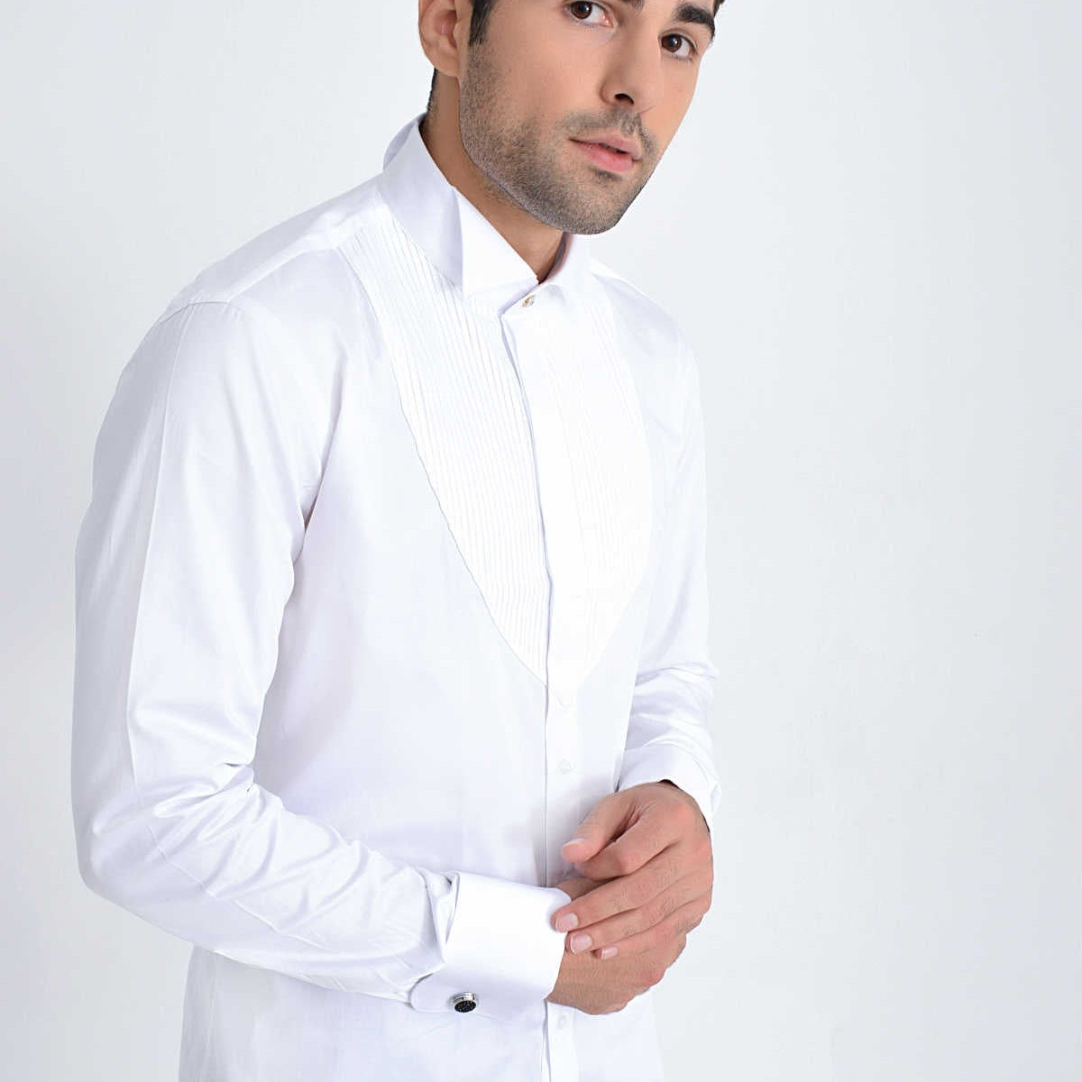 Slim Fit French Cuff 100% Cotton Wing Tip White Tuxedo Shirt – SAYKI