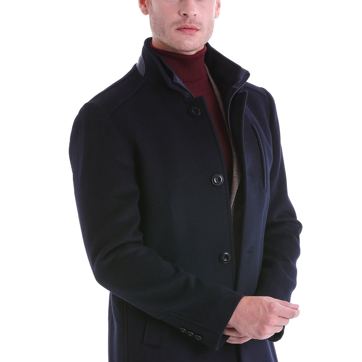 Slim Fit Zipper with Button Placket Navy Wool Blend Overcoat – SAYKI